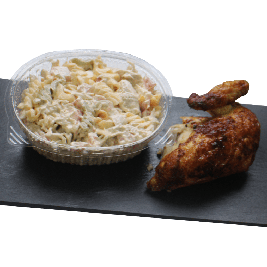 Menú 1/4 de Pollo con Ensalada Pasta de Pollo - Pollos San Juan